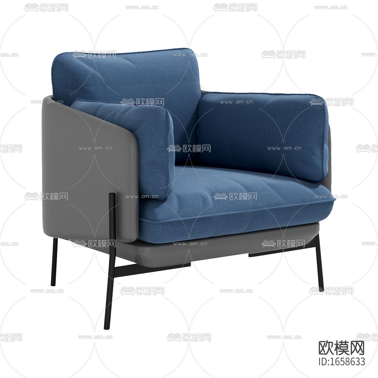 现代简约灰色皮革蓝色布艺单人沙发-软装图片免费下载-欧模网