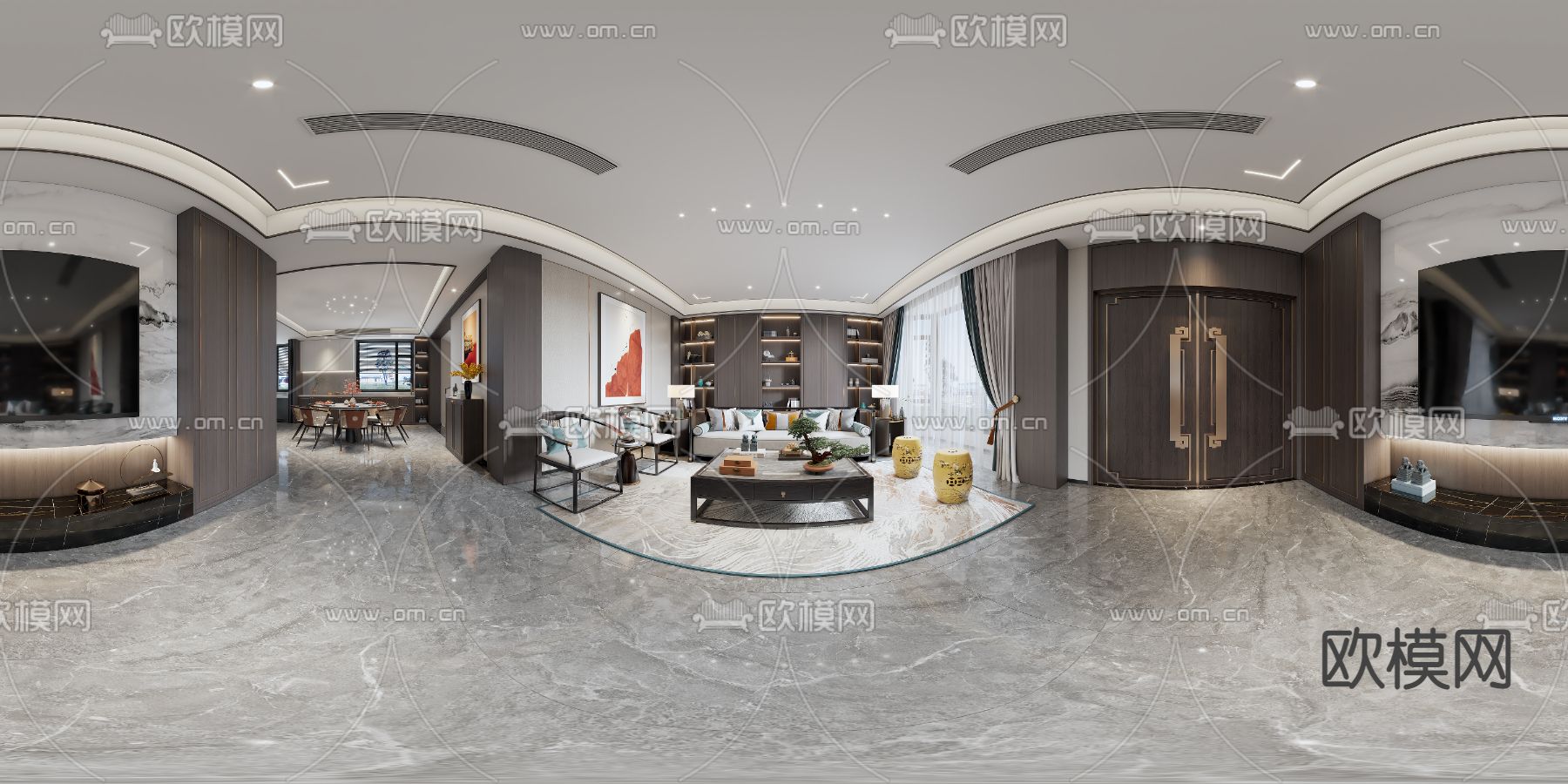 新中式客餐厅vr全景3d模型-免费3dmax模型库-欧模网