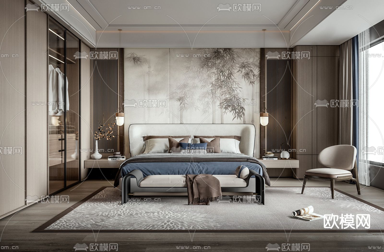 新中式主卧室su模型下载_ID11764108_sketchup模型下载-欧模网