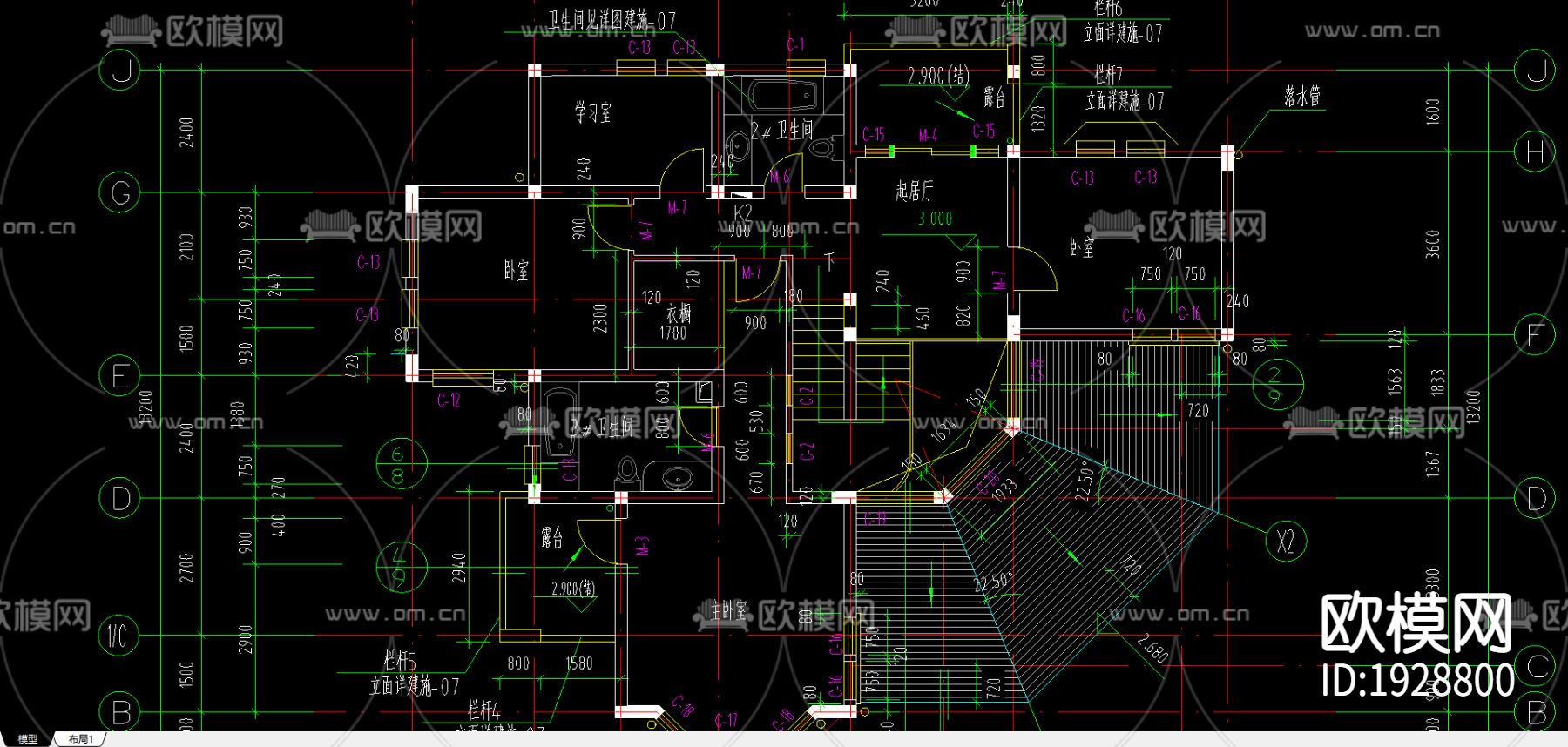 樱桃山庄别墅cad施工图-免费3dmax模型库-欧模网