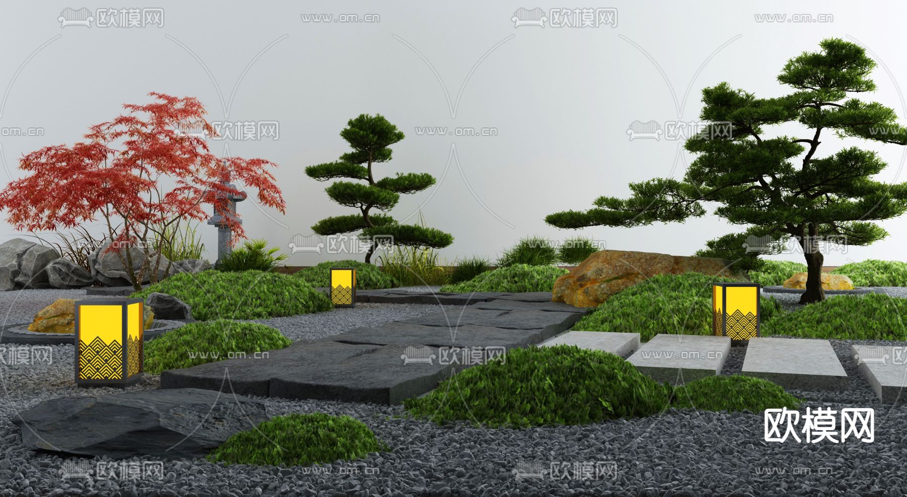 新中式庭院松树石块景观小品3d模型下载_ID11808659_3dmax免费模型-欧模网