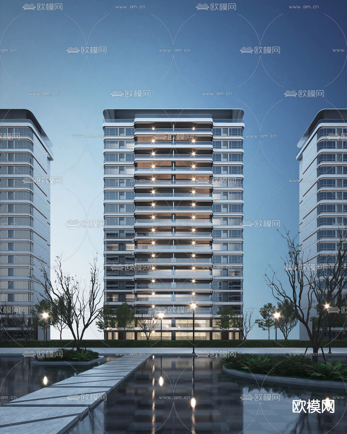 现代高层住宅夜景建筑外观3d模型下载_ID11853318_3dmax免费模型-欧模网