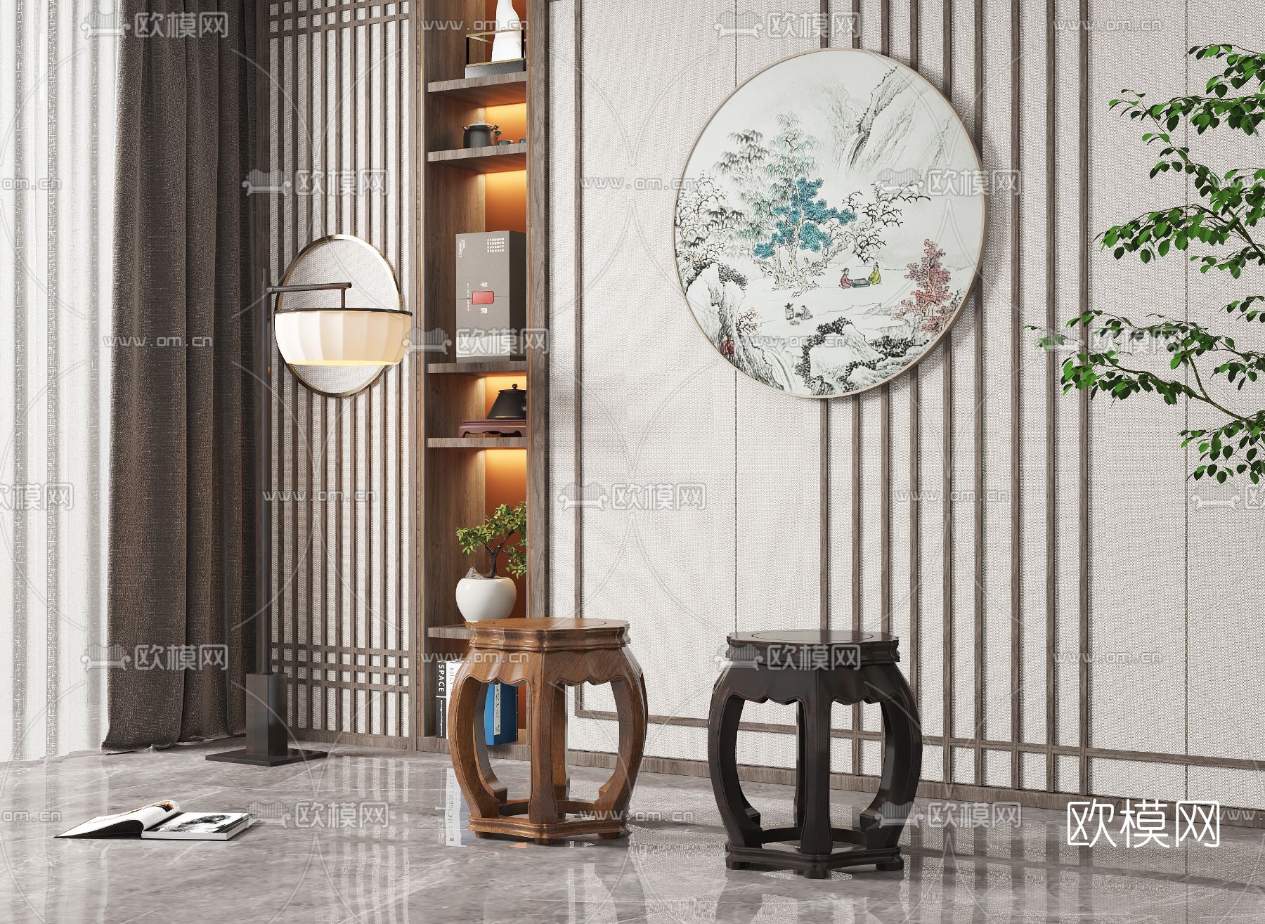 新中式圆凳凳子3d模型下载_ID11953214_3dmax免费模型-欧模网