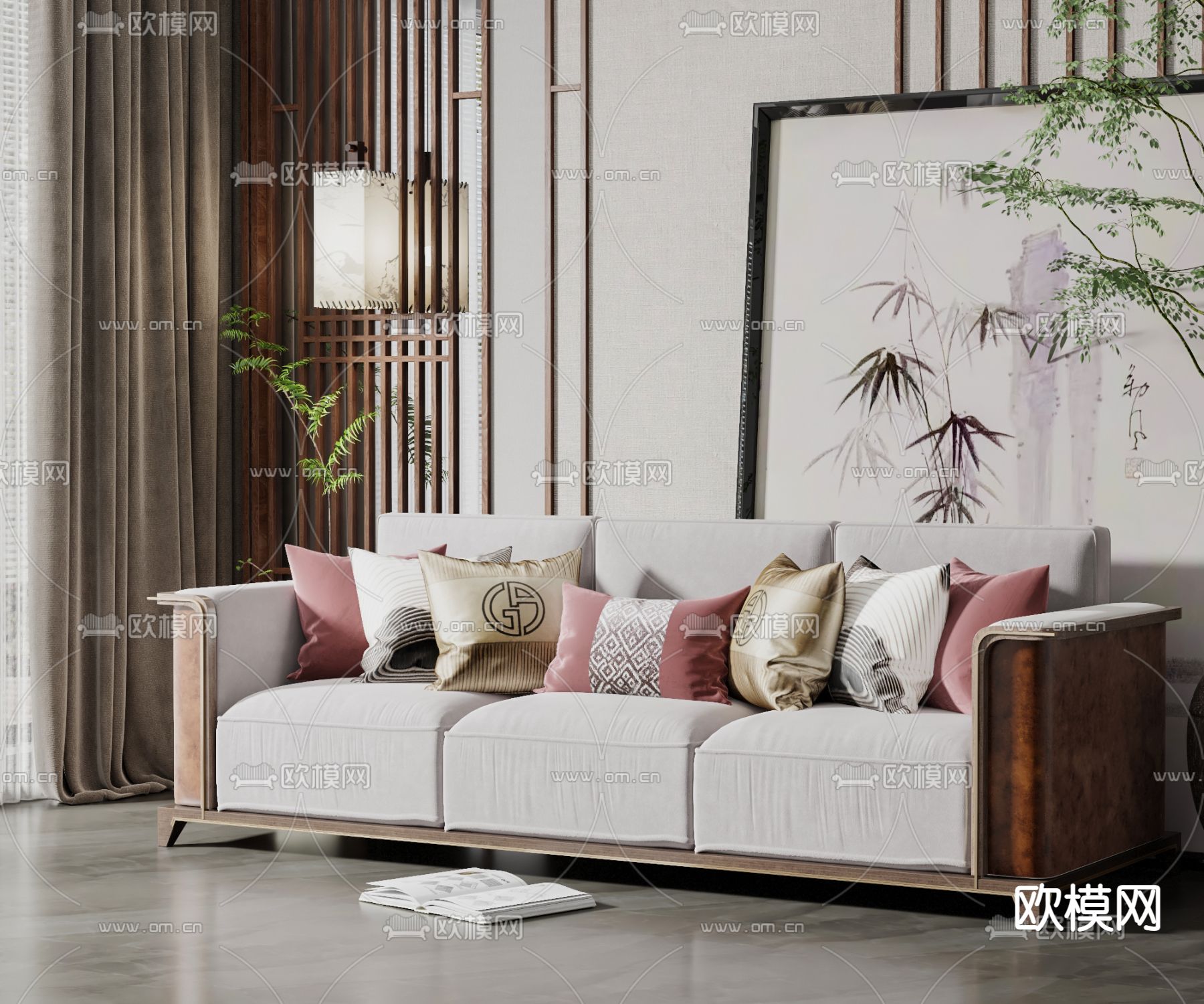 新中式米白色布艺多人沙发3d模型下载_ID12004337_3dmax免费模型-欧模网