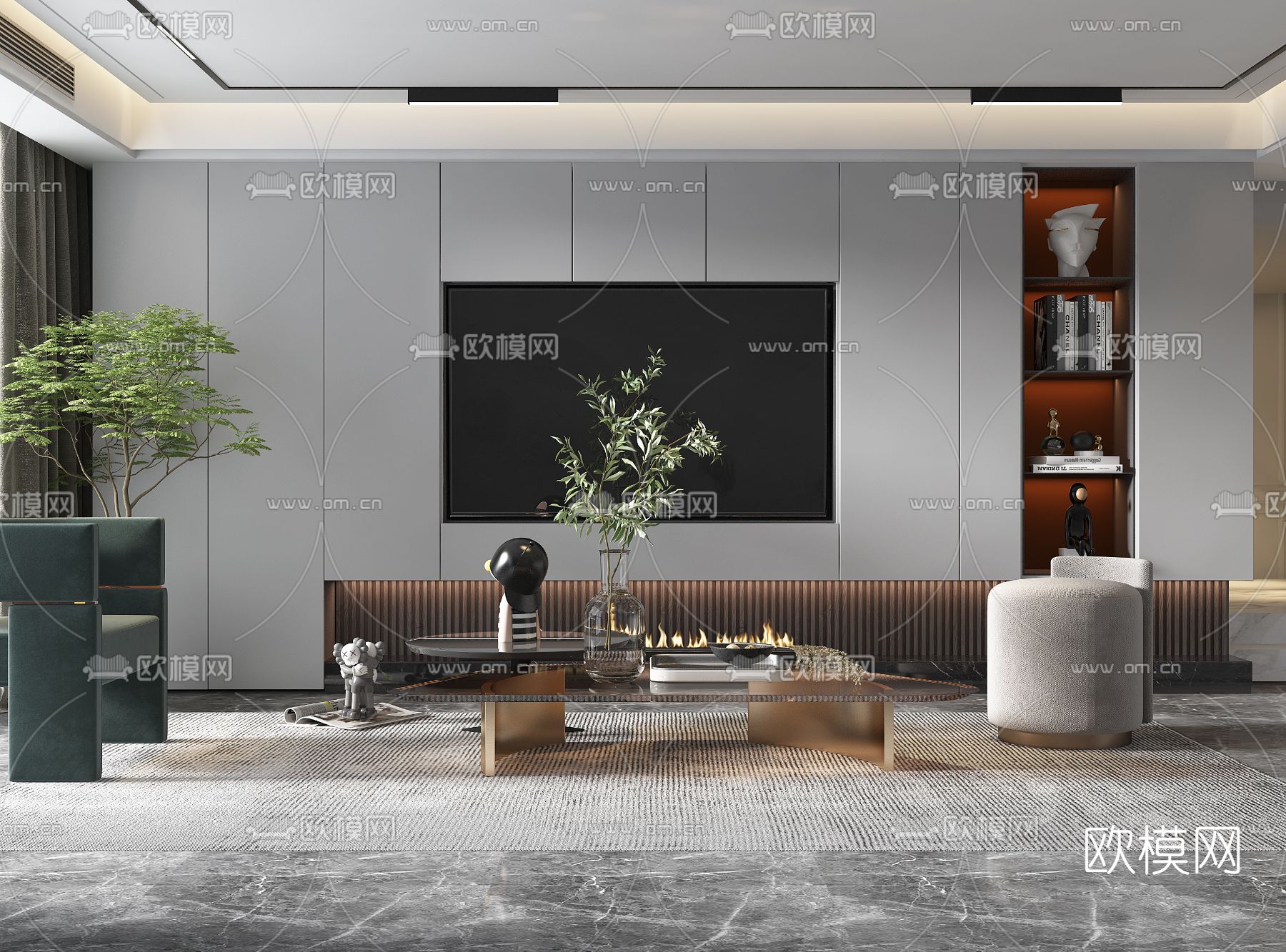 现代电视背景墙3d模型下载_ID12034222_3dmax免费模型-欧模网