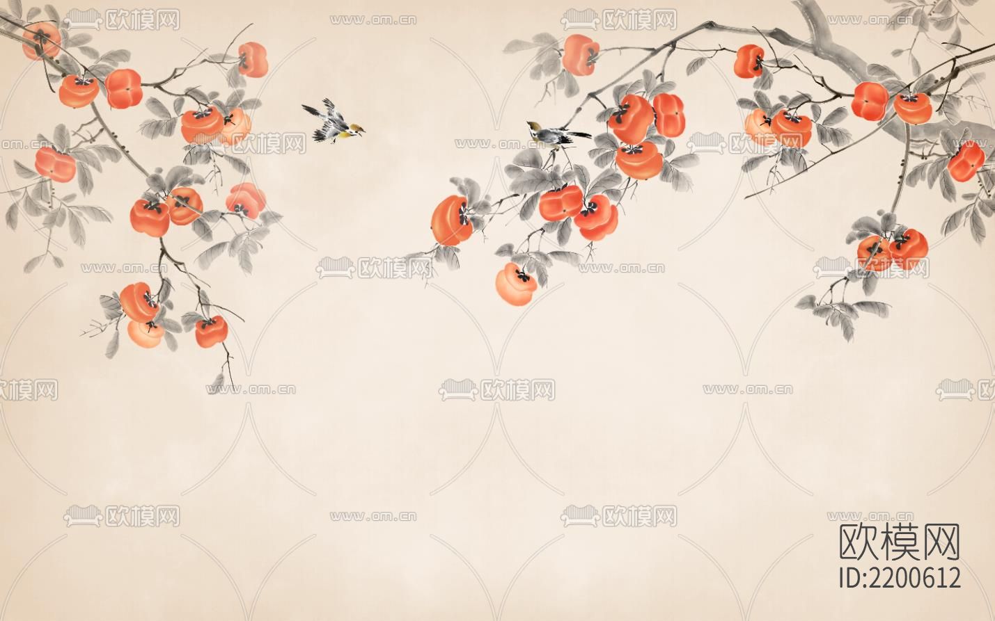 新中式花鸟柿柿如意背景墙-免费3dmax模型库-欧模网