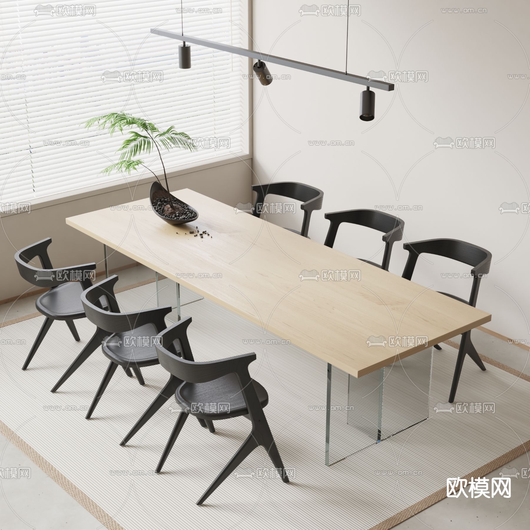 现代实木长条餐桌椅3d模型下载_ID12049148_3dmax免费模型-欧模网