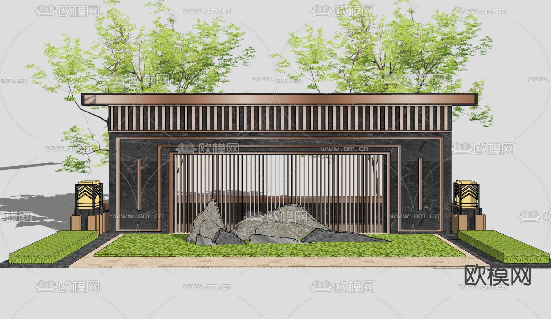现代格栅片石景墙su模型下载_ID12059879_sketchup模型下载-欧模网