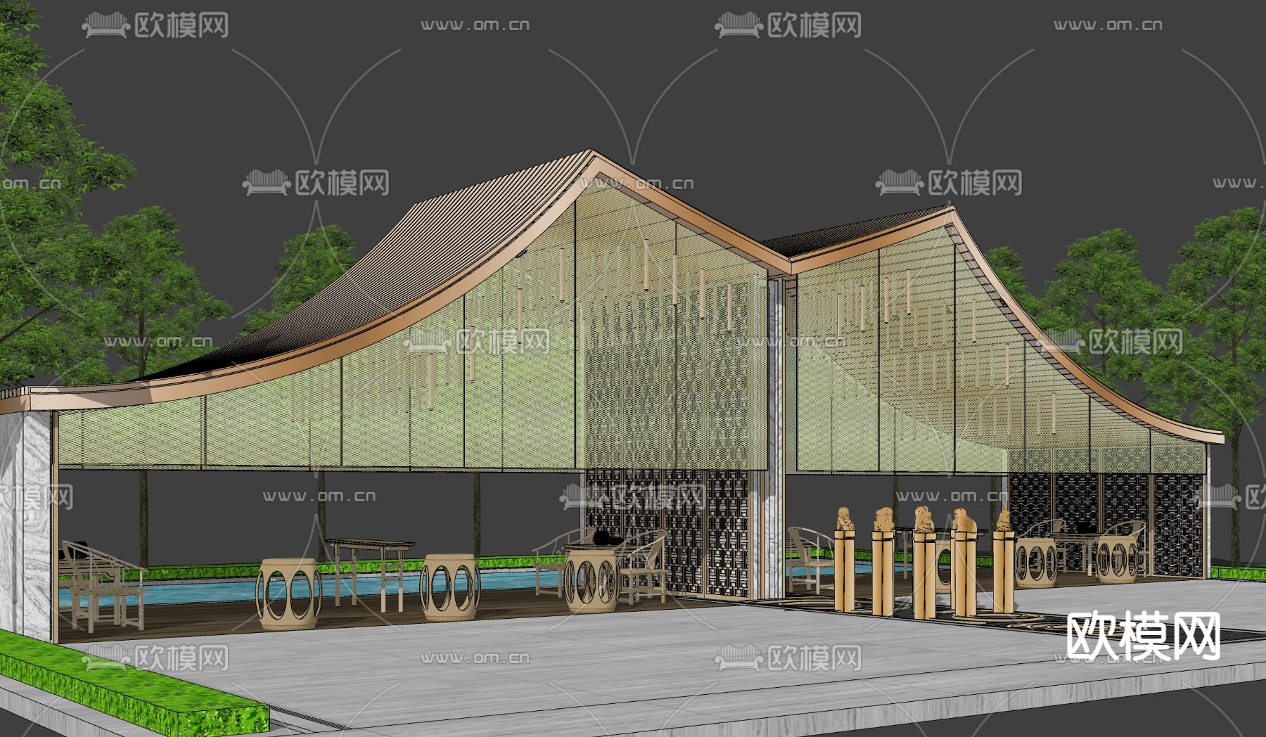新中式斜坡屋顶亭子su模型下载_ID12065156_sketchup模型下载-欧模网
