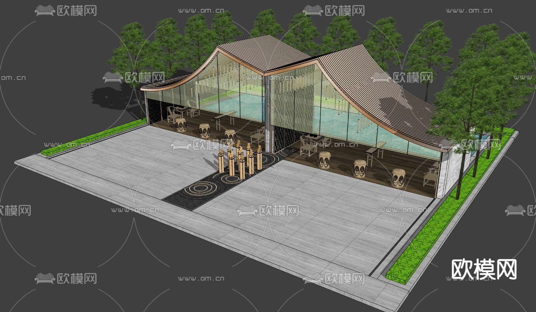 新中式斜坡屋顶亭子su模型下载_ID12065156_sketchup模型下载-欧模网