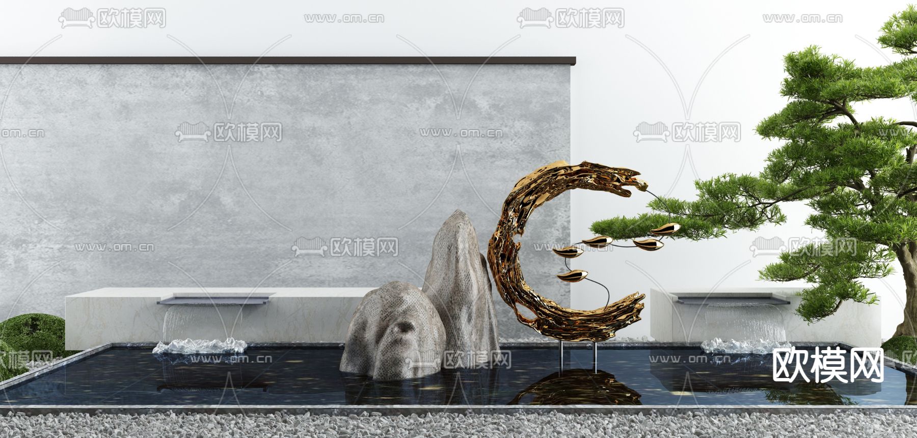 新中式松树庭院水景小品3d模型下载_ID12064861_3dmax免费模型-欧模网