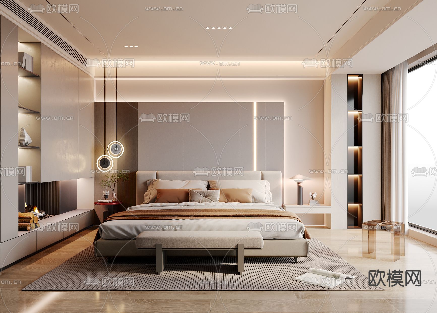 现代奶油风卧室3d模型下载_ID12073934_3dmax免费模型-欧模网