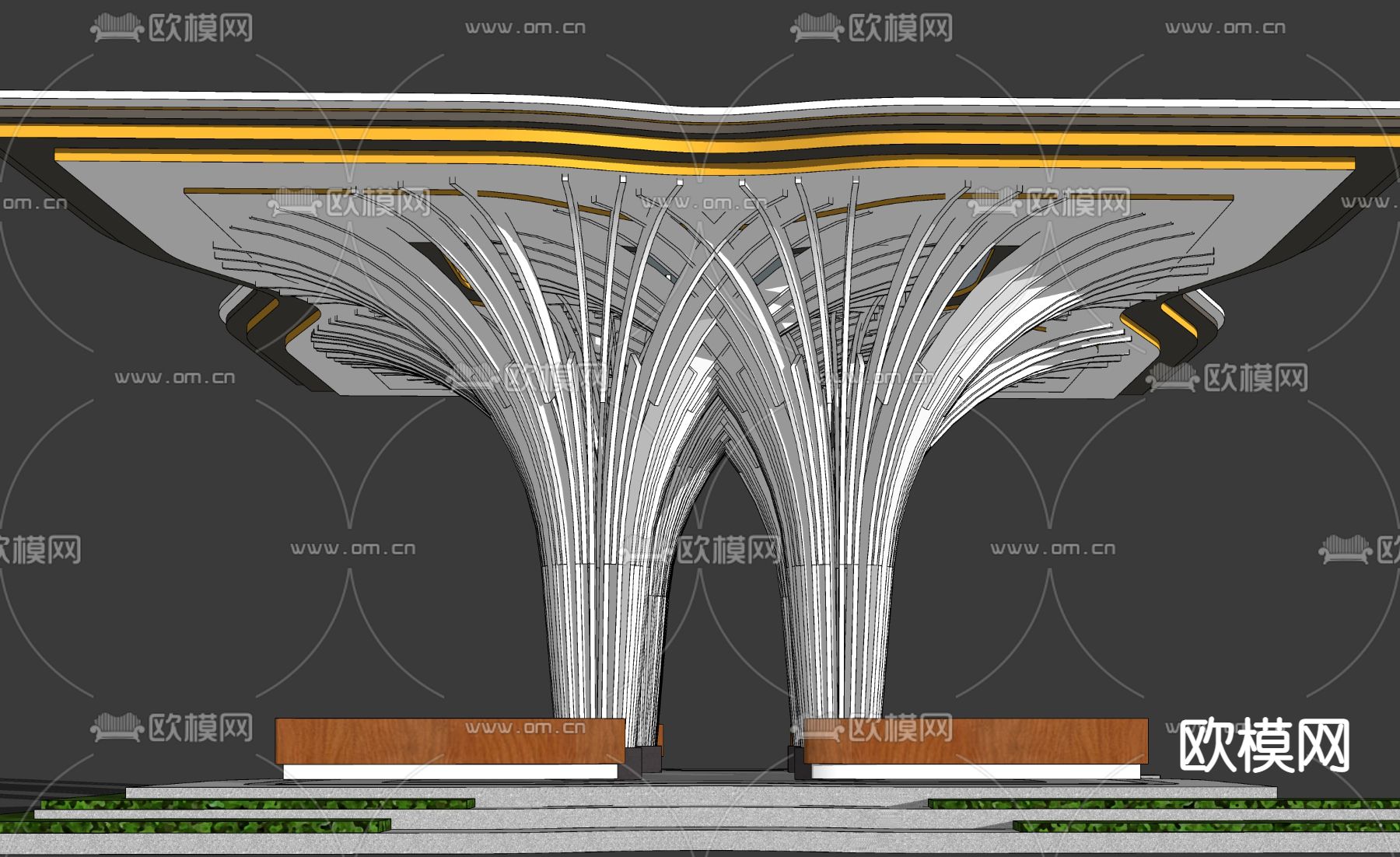 现代流线树形亭子廊架构筑物su模型下载_ID12083017_sketchup模型下载-欧模网