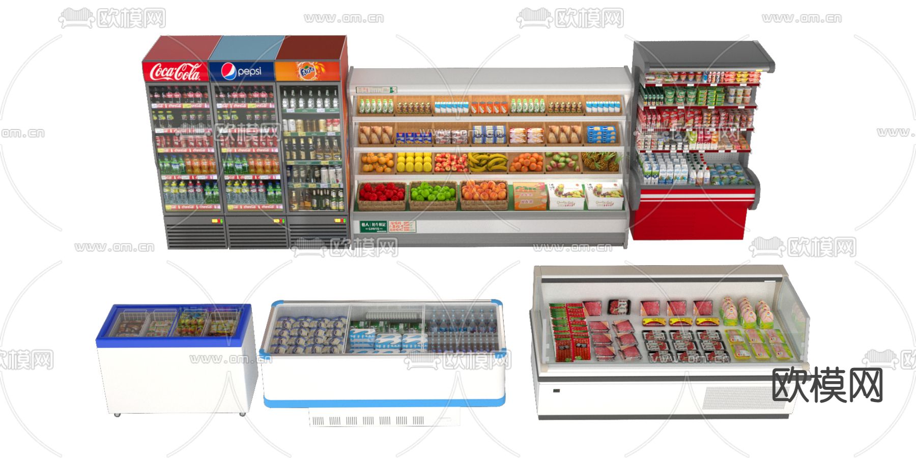 现代超市冰鲜冷藏柜冰箱3d模型下载_ID12085156_3dmax免费模型-欧模网
