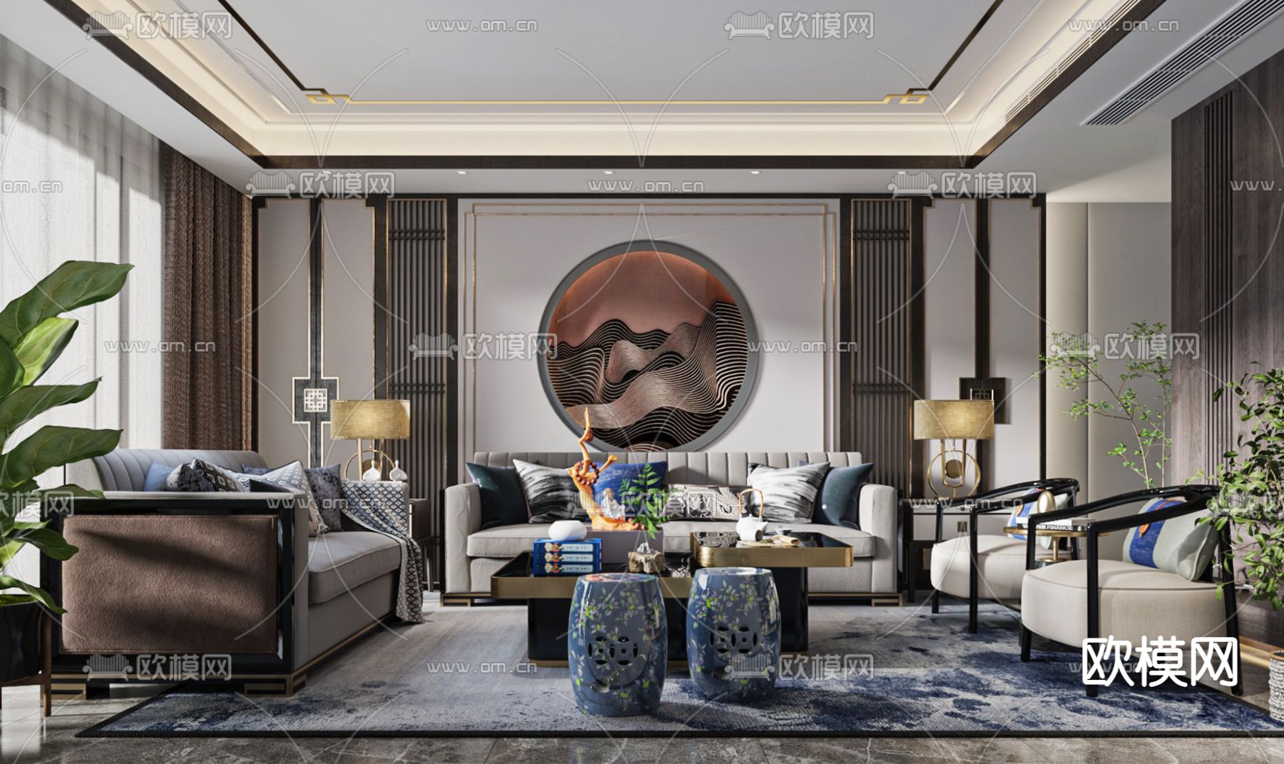 新中式客厅3d模型下载_ID12129231_3dmax免费模型-欧模网