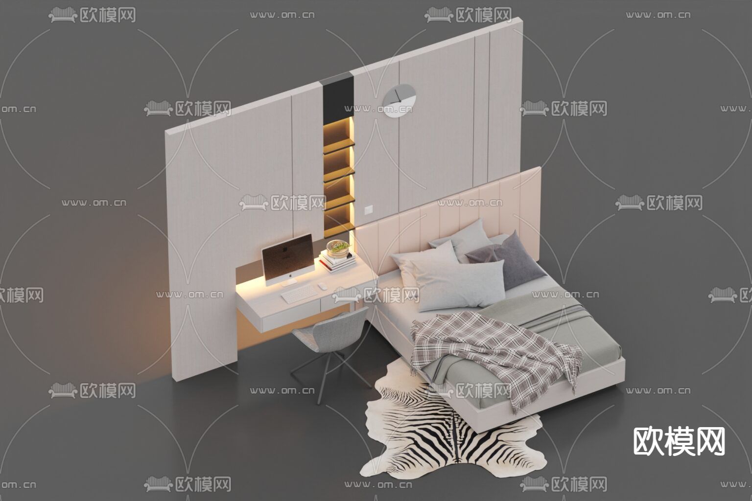 现代简约实木背景墙布艺双人床免费3d模型下载_ID12146360_3dmax免费模型-欧模网
