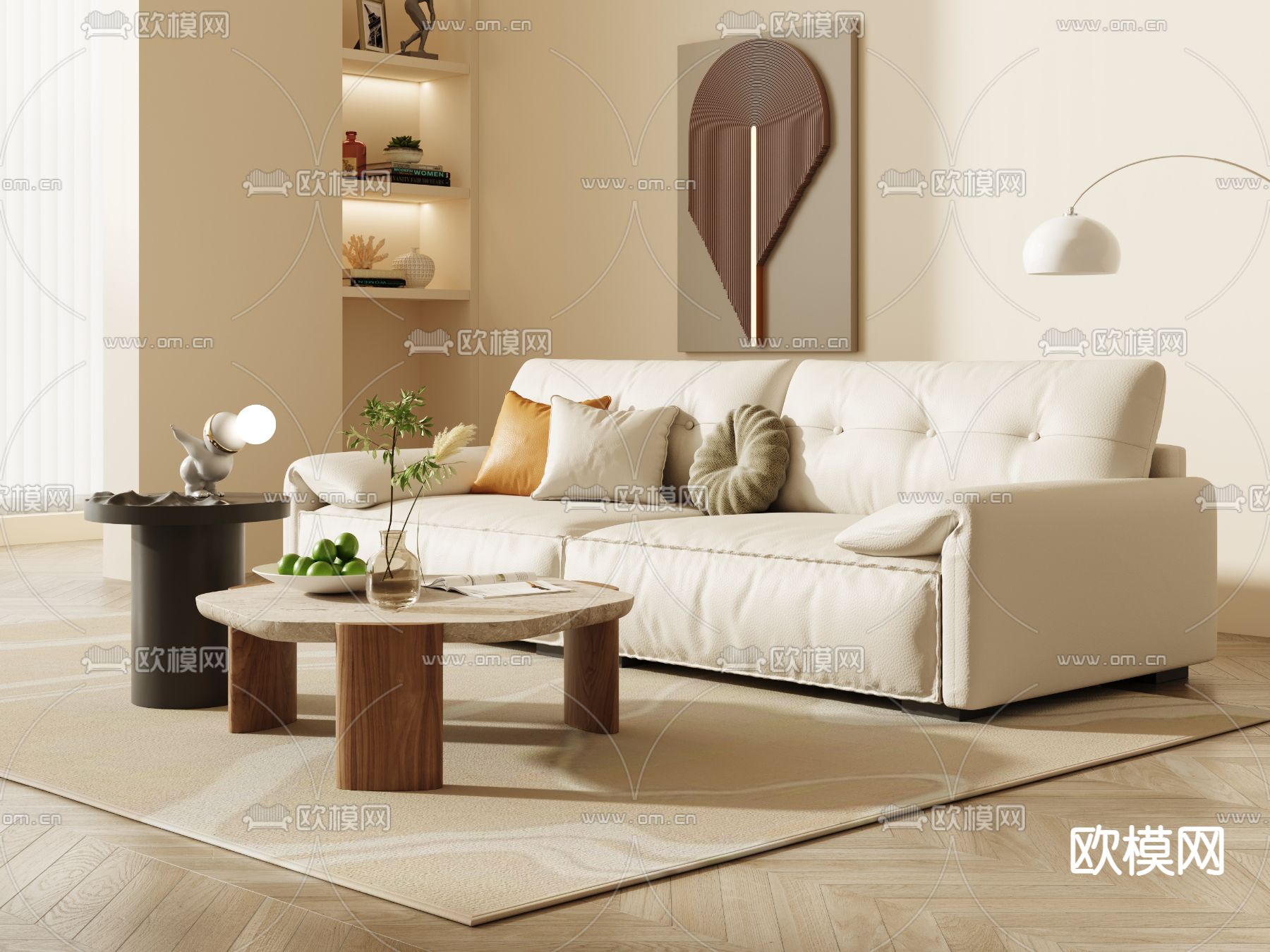 奶油风双人沙发3d模型下载_ID12160245_3dmax免费模型-欧模网