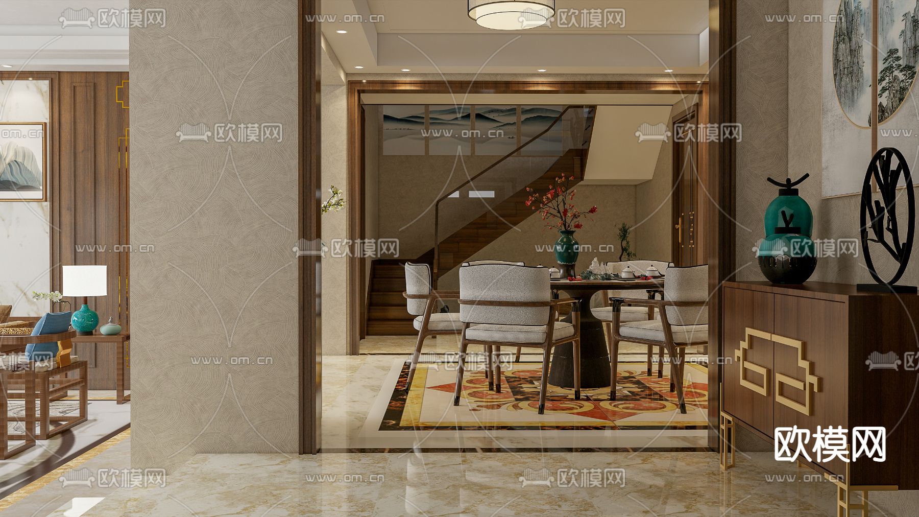 新中式客厅餐厅su模型下载_ID12155623_sketchup模型下载-欧模网