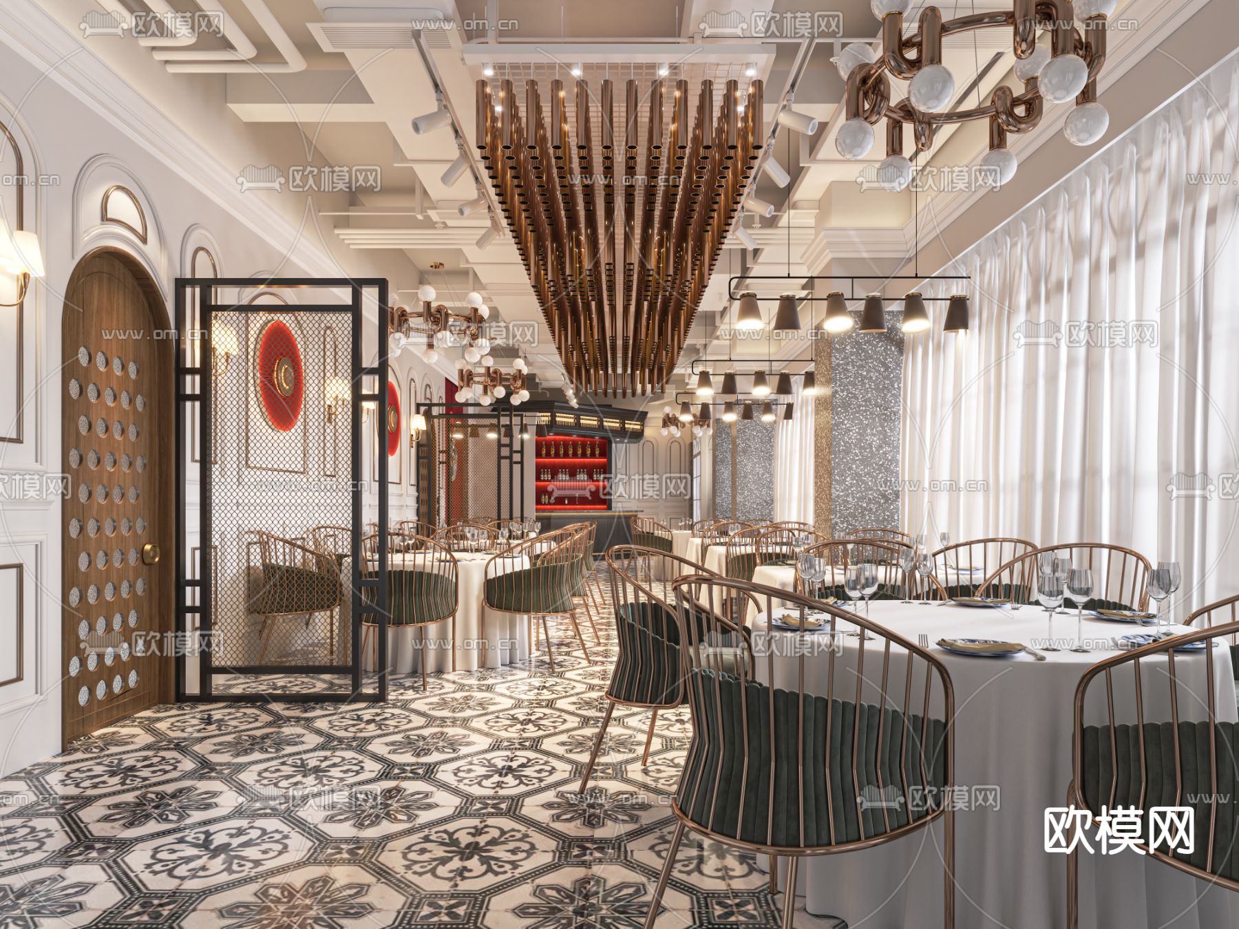轻奢风西餐厅3d模型下载_ID12160490_3dmax免费模型-欧模网