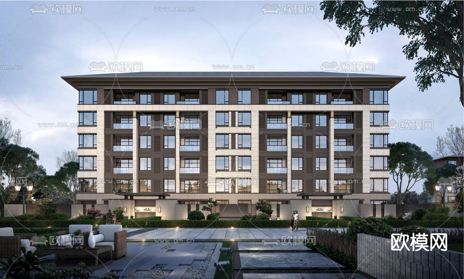 新中式洋房外观夜景su模型下载_ID12175044_sketchup模型下载-欧模网