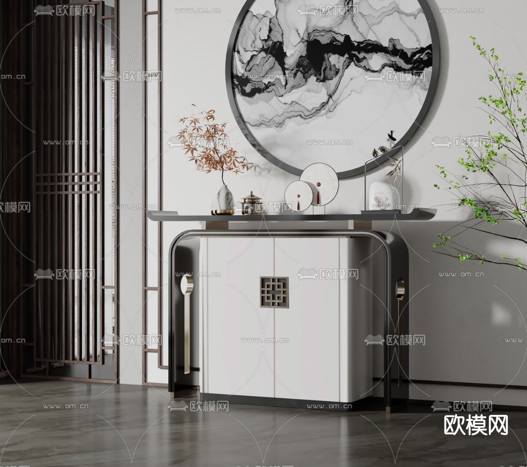 新中式玄关柜 端景台3d模型下载_ID12194120_3dmax免费模型-欧模网