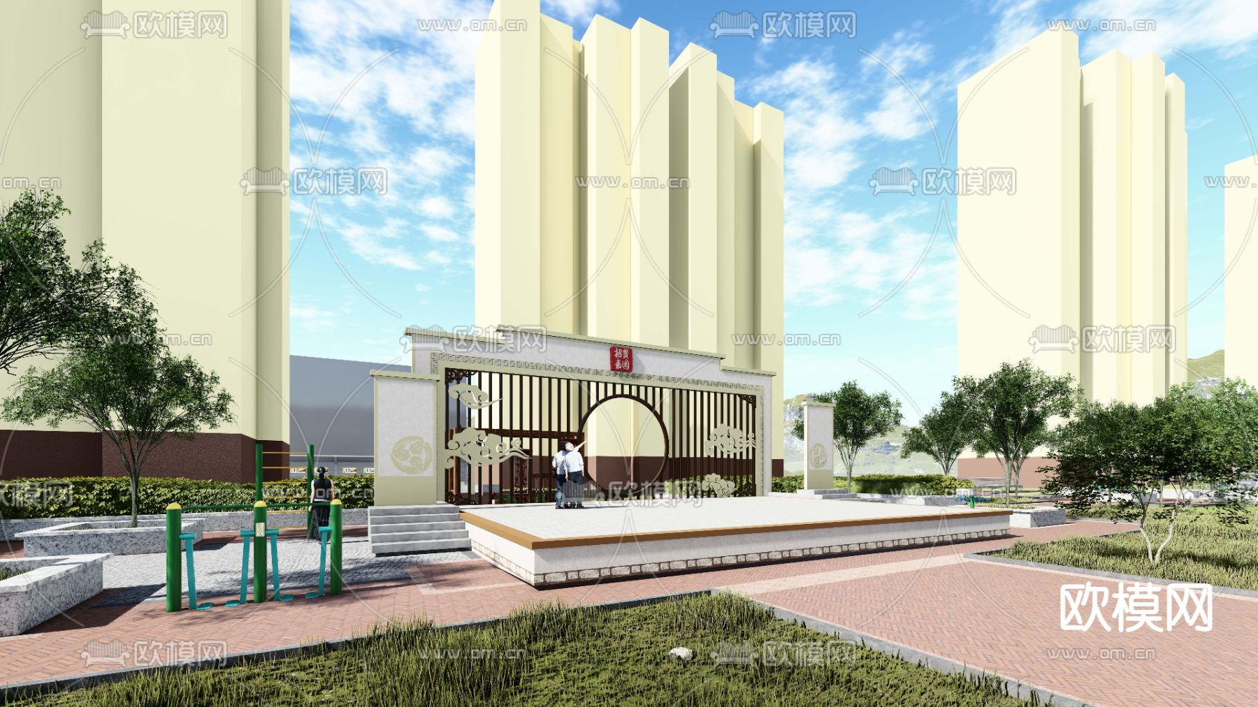 新中式村史馆 社区广场su模型下载_ID12283168_sketchup模型下载-欧模网