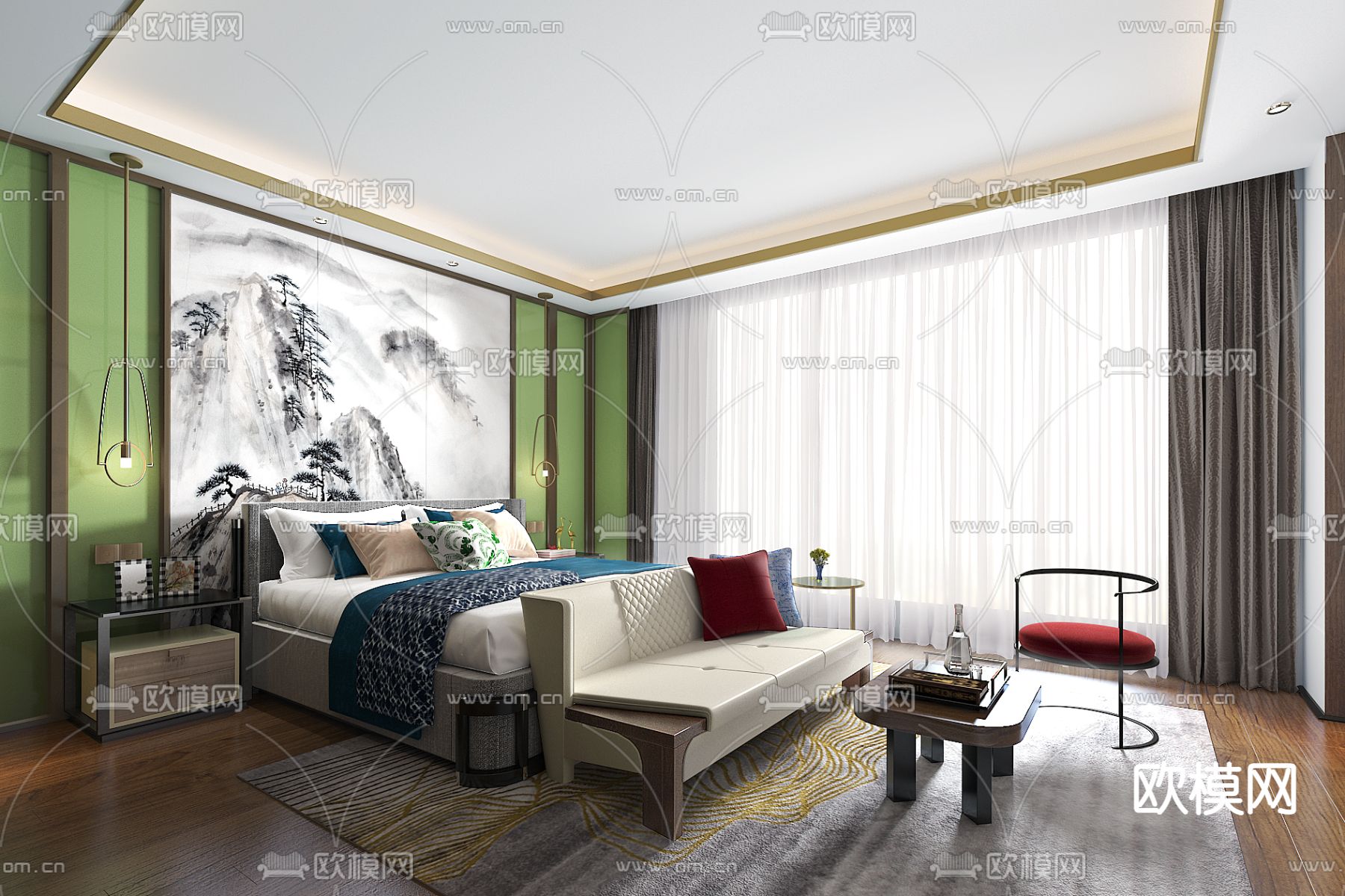 AOD艾地设计 新中式卧室主人房su模型下载_ID12292968_sketchup模型下载-欧模网