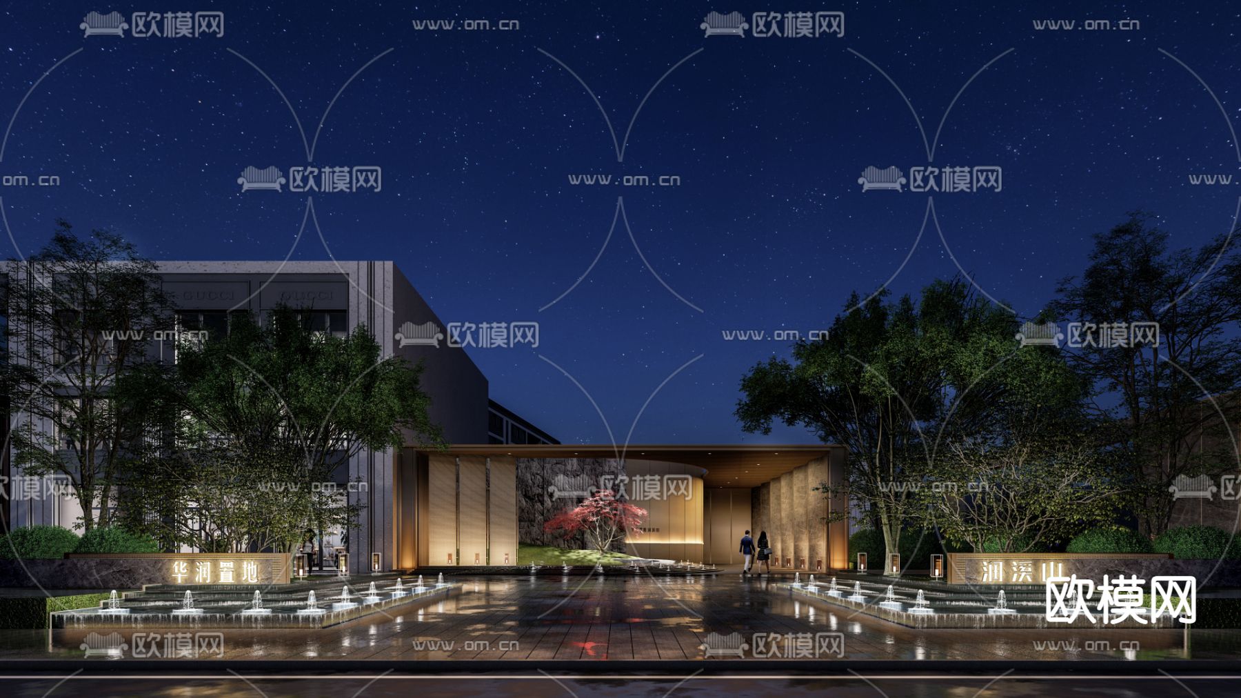 新中式小区入口夜景景观su模型下载 Id12316156 Sketchup模型下载 欧模网