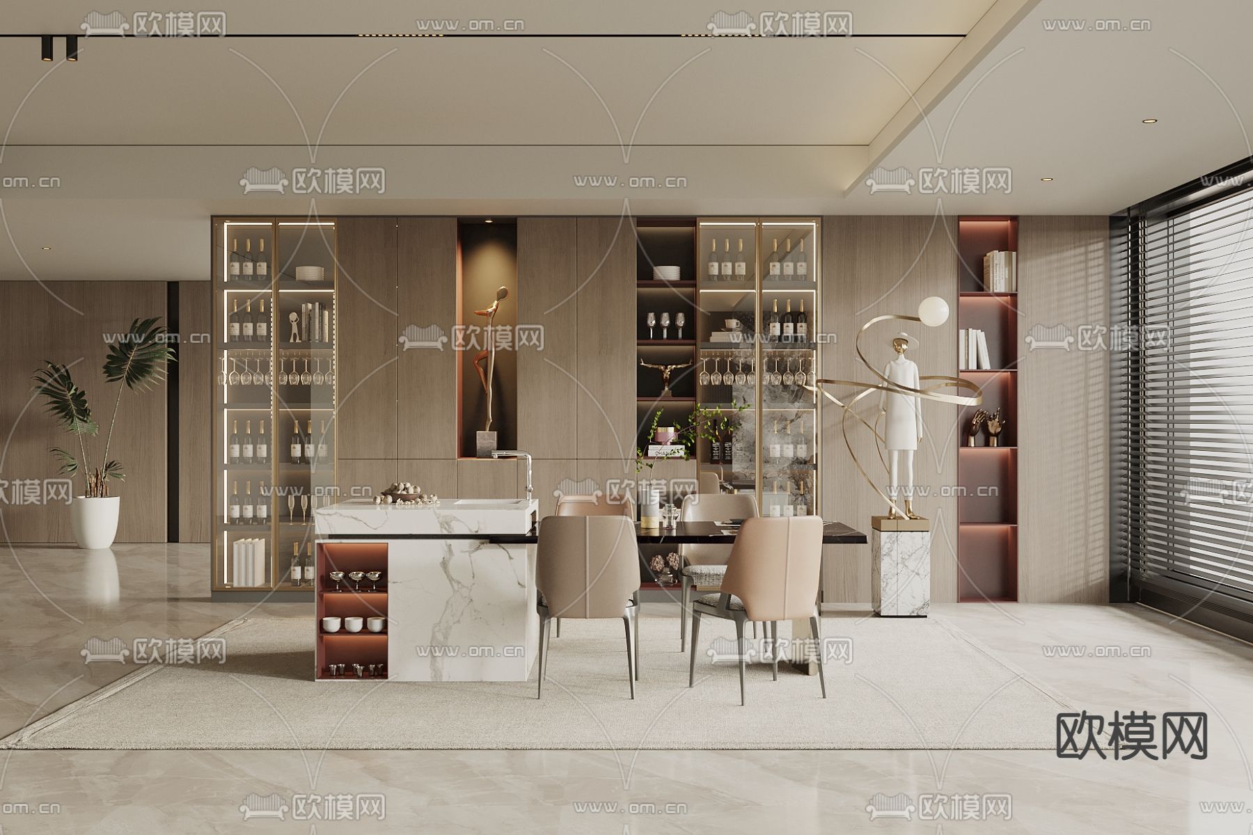 轻奢中岛餐厅3d模型下载_ID13026853_3dmax免费模型-欧模网