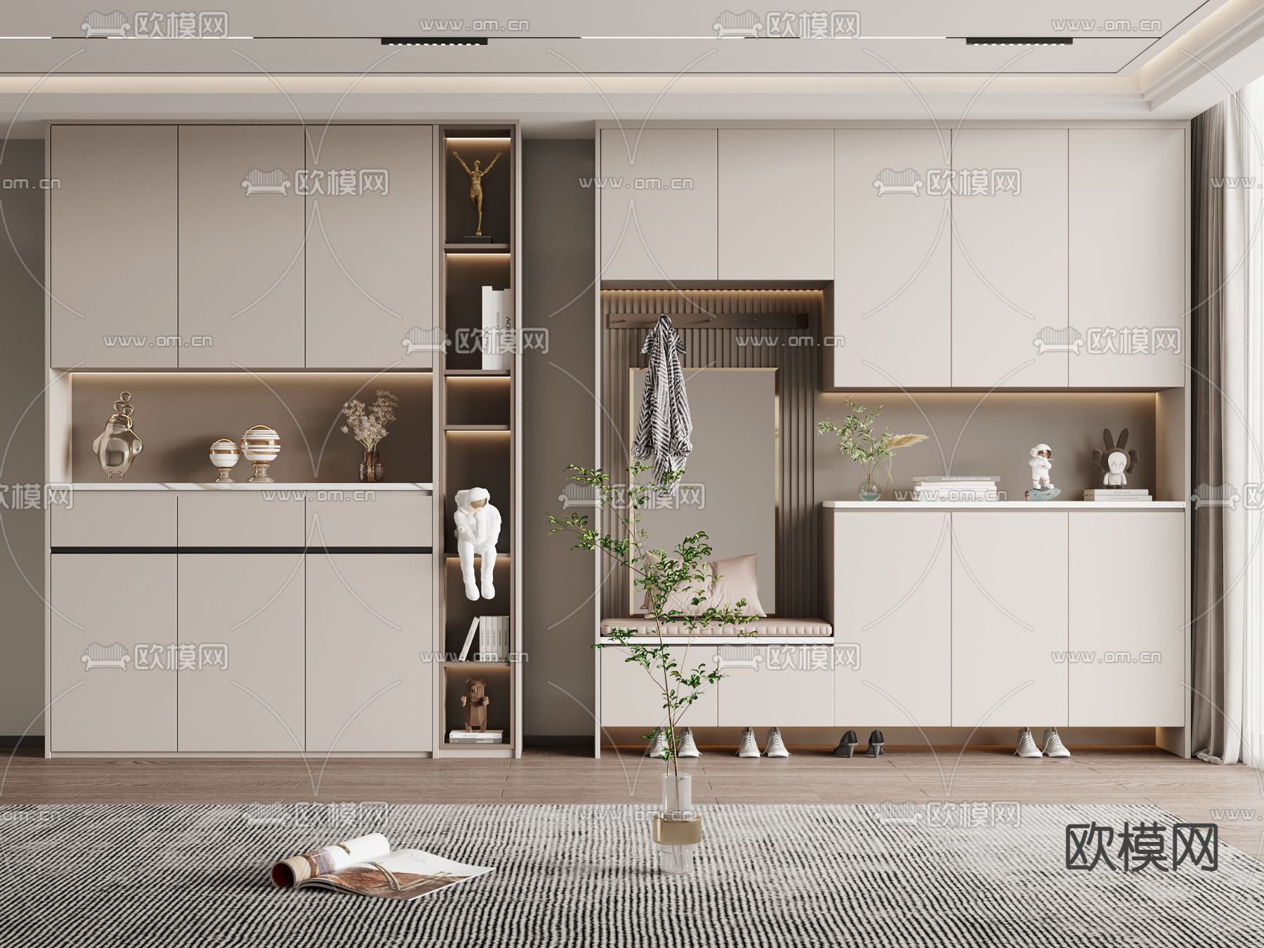 奶油风鞋柜 鞋帽柜3d模型下载_ID13034248_3dmax免费模型-欧模网