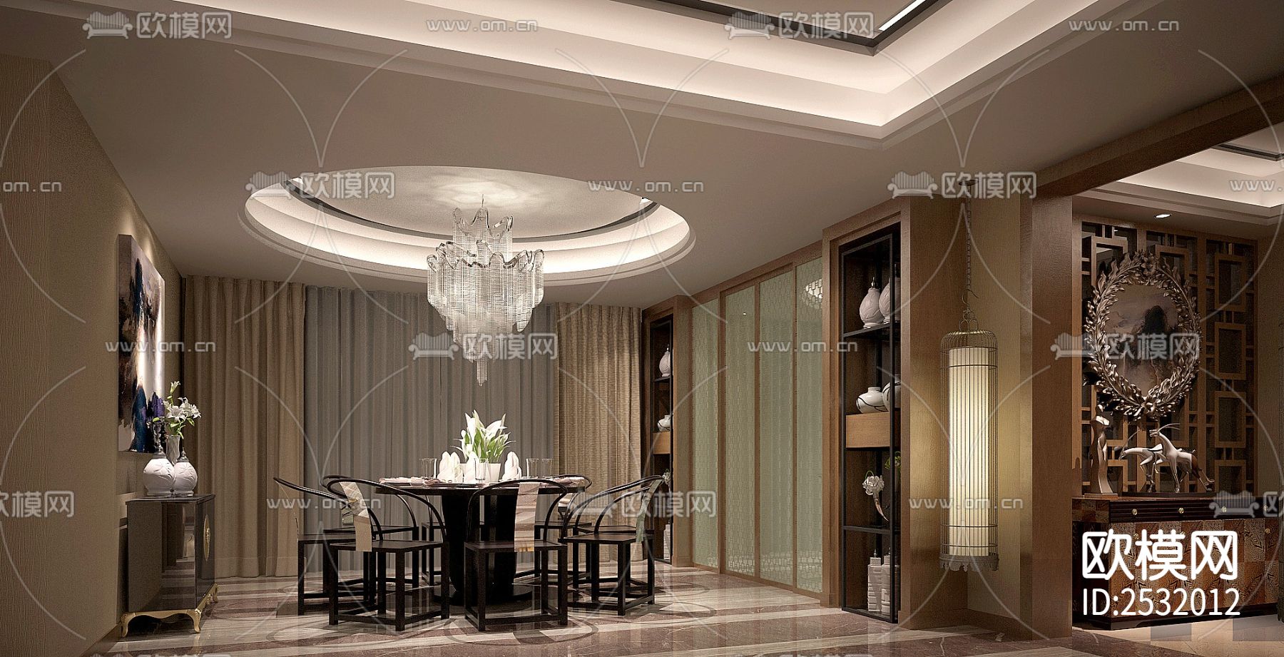 新中式大平层豪宅样板间cad施工图-免费3dmax模型库-欧模网