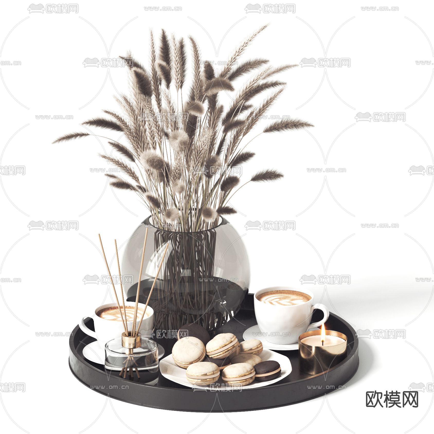 桌面摆件 花瓶香薰 咖啡马卡龙3d模型下载_ID14015594_3dmax免费模型-欧模网