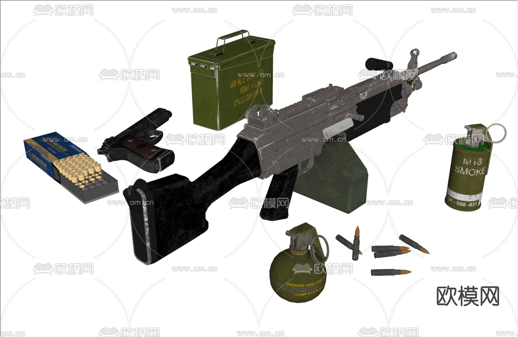 M249机枪 手雷 烟雾弹su模型下载_ID14019991_sketchup模型下载-欧模网
