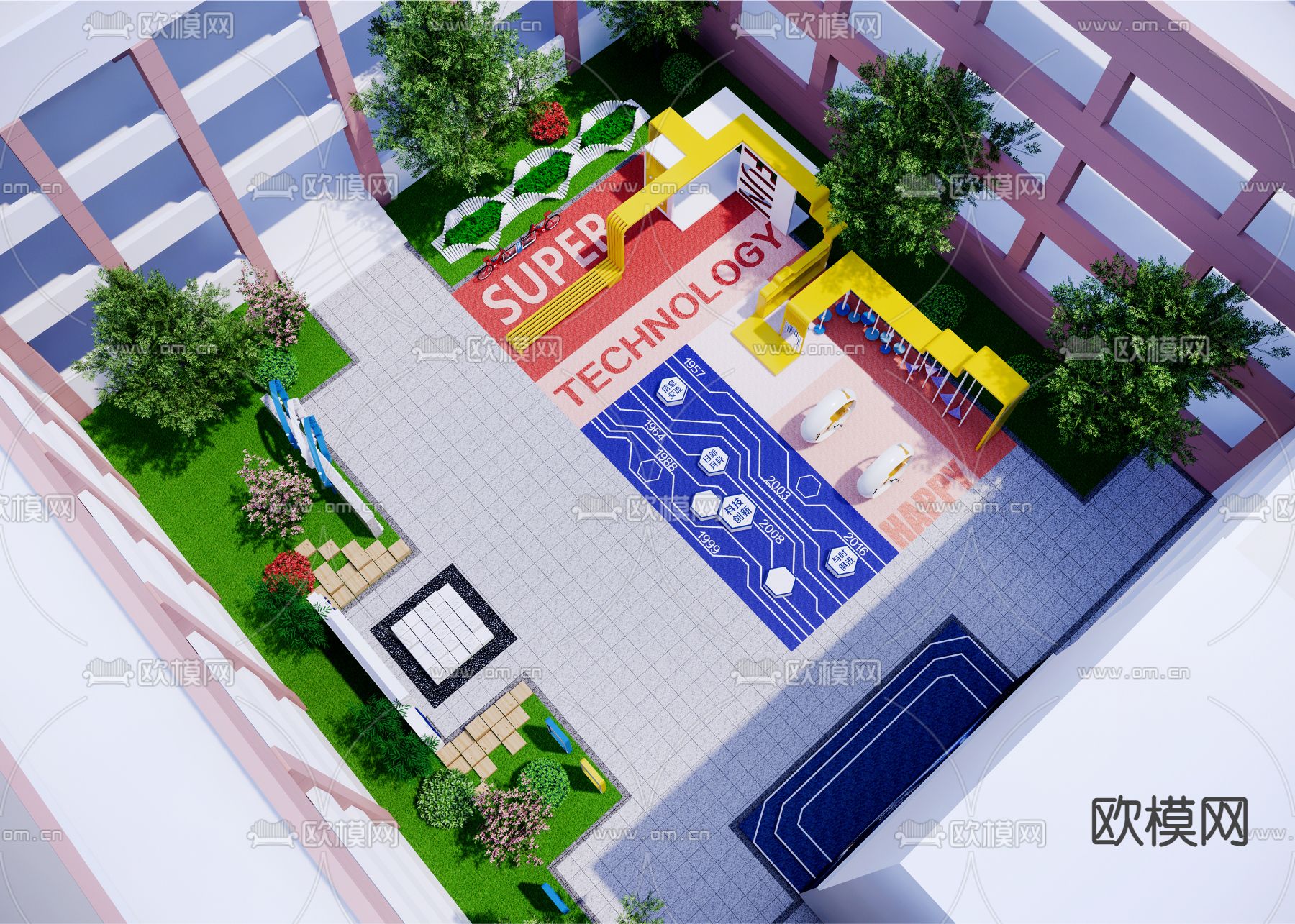 学校中庭广场su模型下载_ID14044383_sketchup模型下载-欧模网