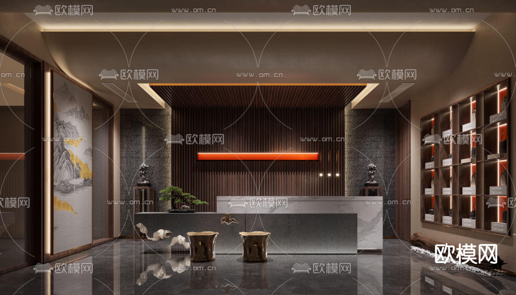 新中式酒店 服务台3d模型下载_ID14060190_3dmax免费模型-欧模网