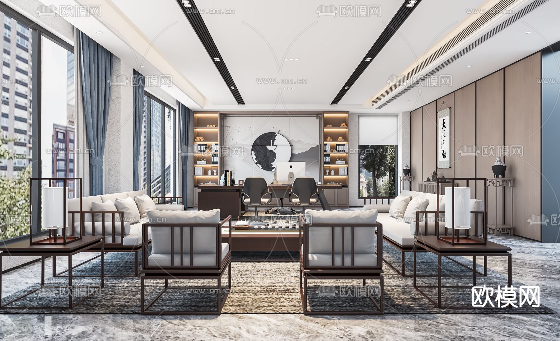 新中式经理室 董事长室su模型下载_ID14061477_sketchup模型下载-欧模网