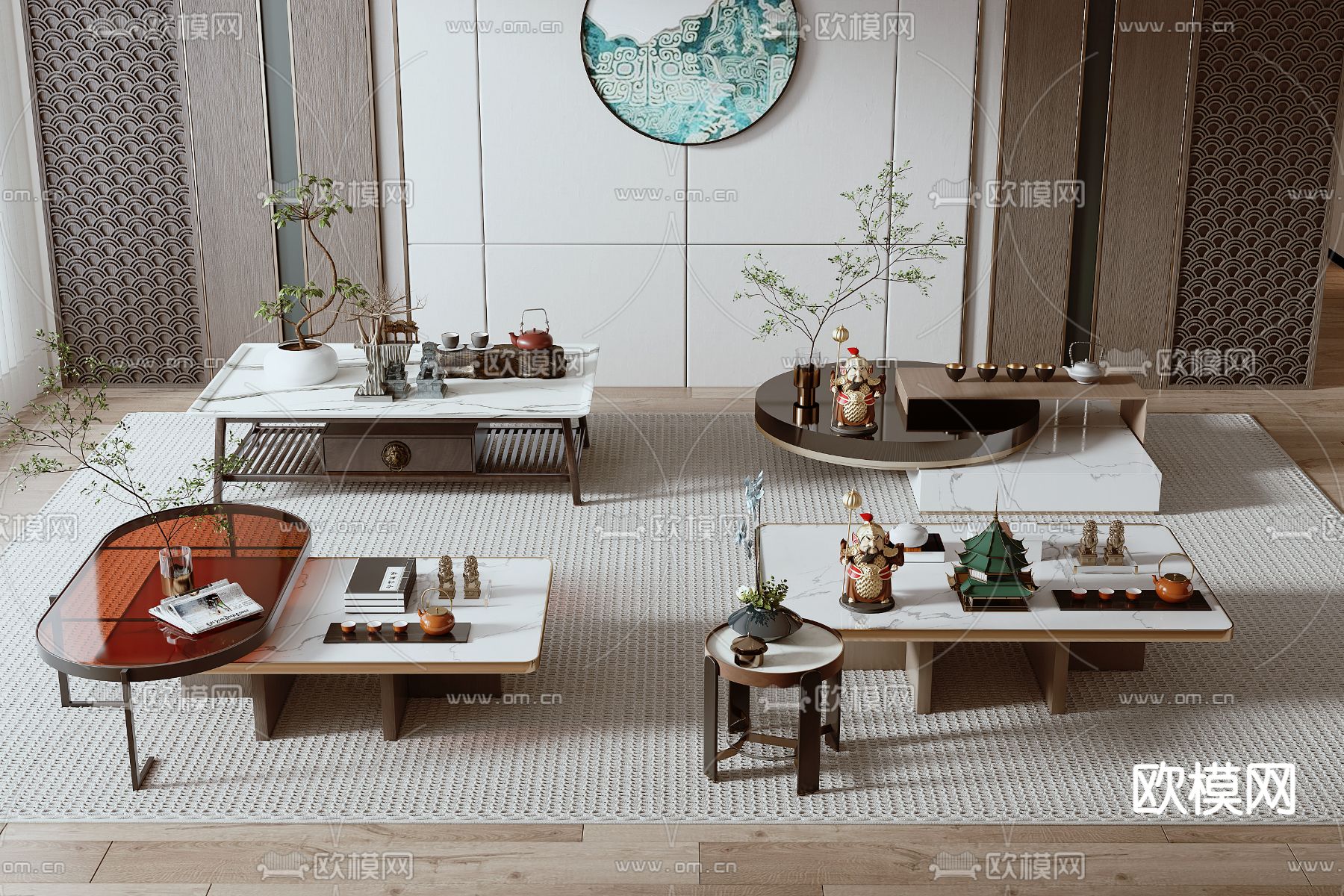 新中式茶几 子母茶几3d模型下载_ID14173451_3dmax免费模型-欧模网