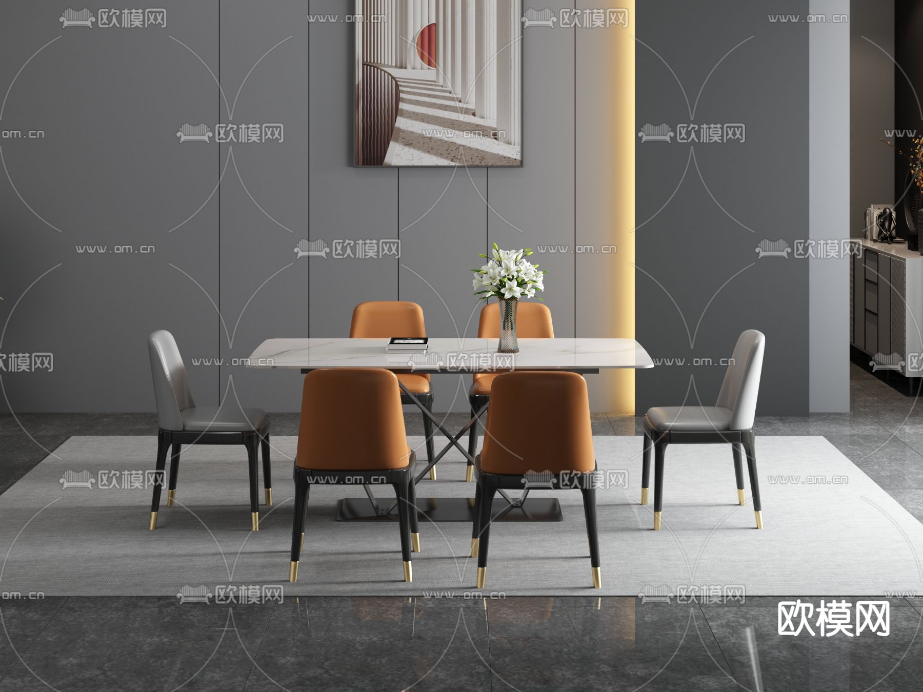 轻奢餐桌椅 条形餐桌3d模型下载_ID14180888_3dmax免费模型-欧模网