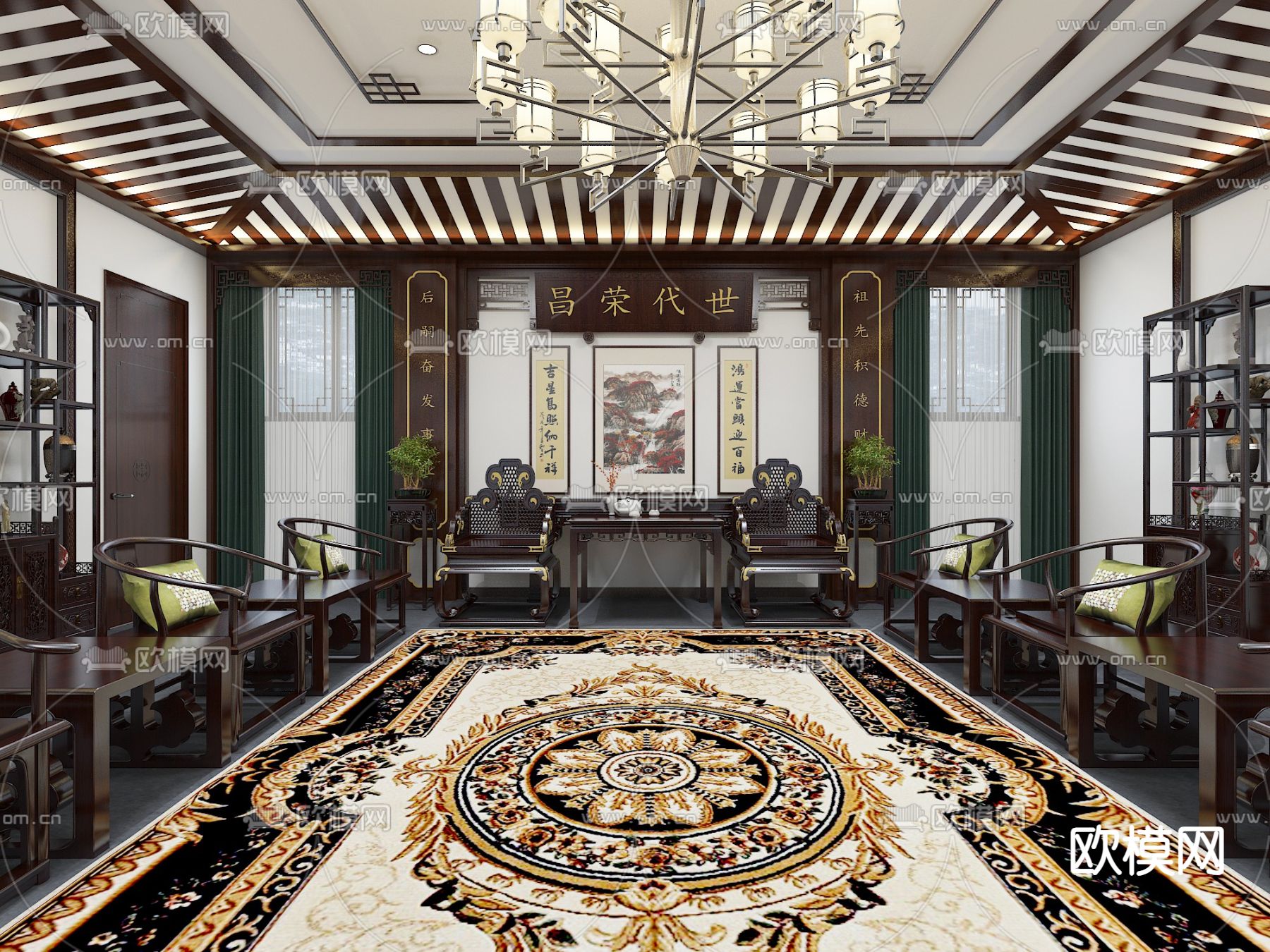 中式客厅 中堂3d模型下载_ID14187963_3dmax免费模型-欧模网
