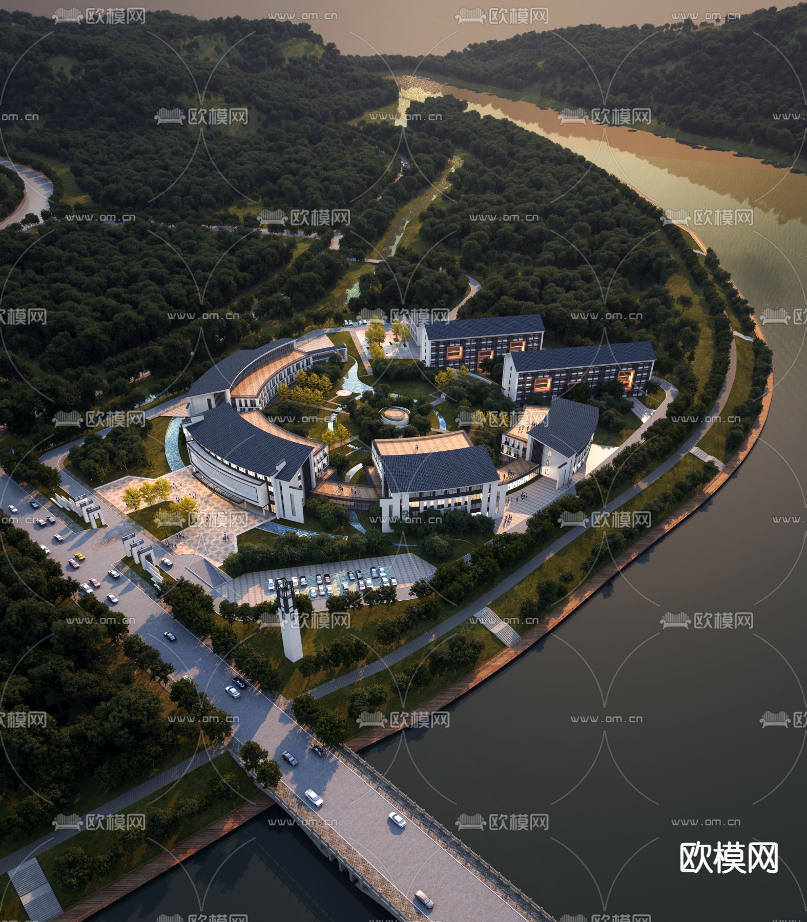 中式产业园鸟瞰3d模型下载_ID14194716_3dmax免费模型-欧模网