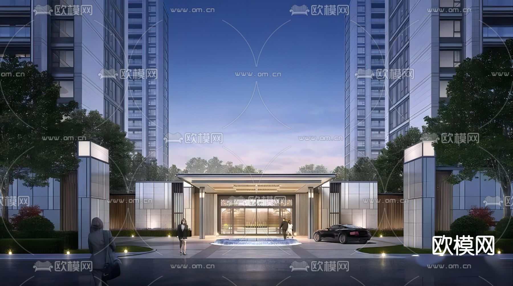 新中式夜景 售楼处外观su模型下载_ID14209475_sketchup模型下载-欧模网