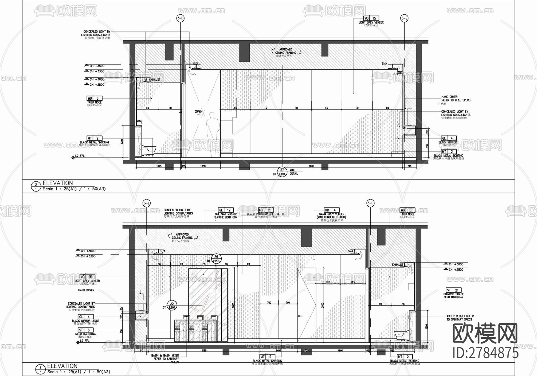 HBA酒店公共卫生间CAD施工图-免费3dmax模型库-欧模网