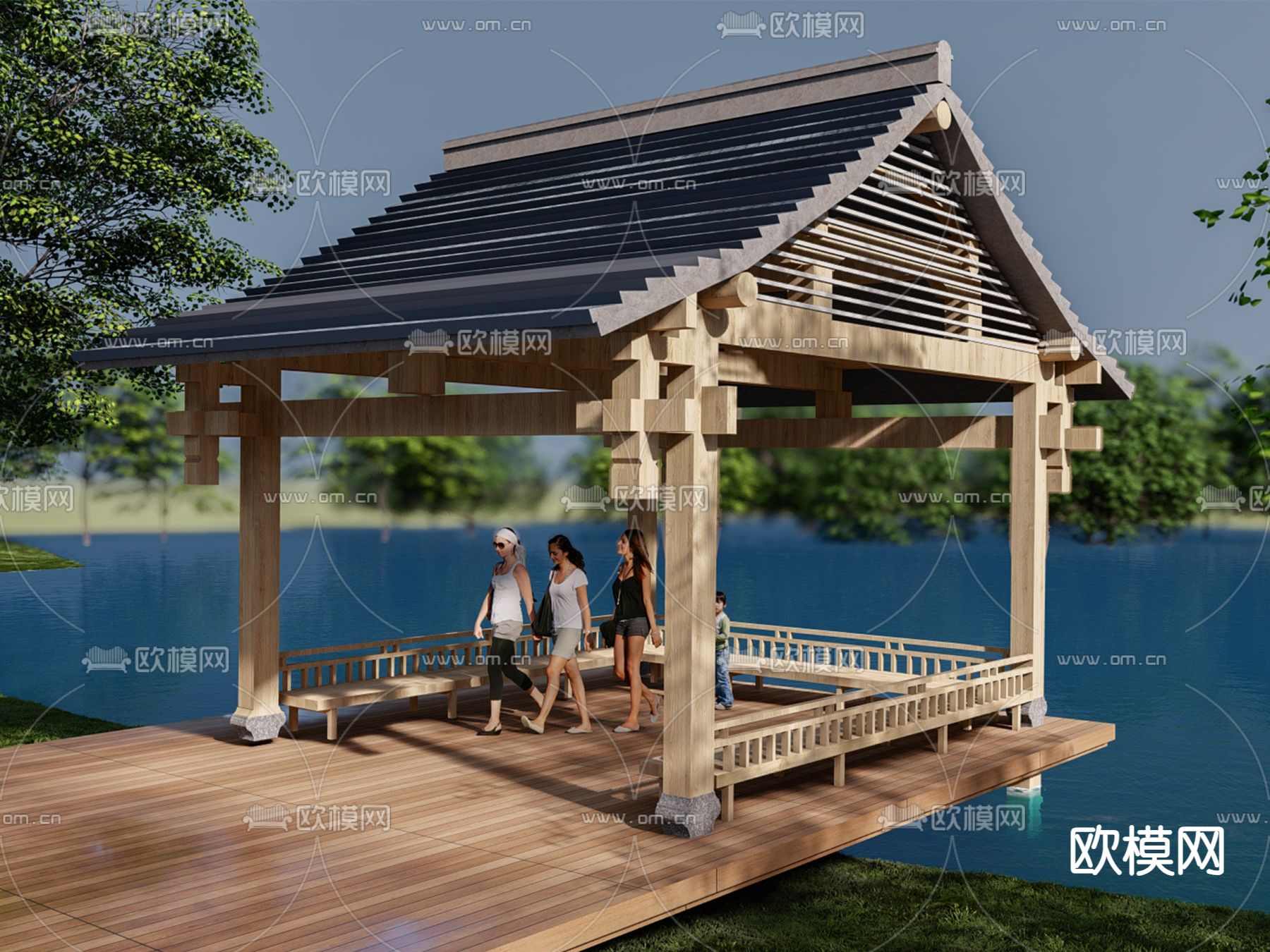 新中式休闲廊架su模型下载_ID14227339_sketchup模型下载-欧模网