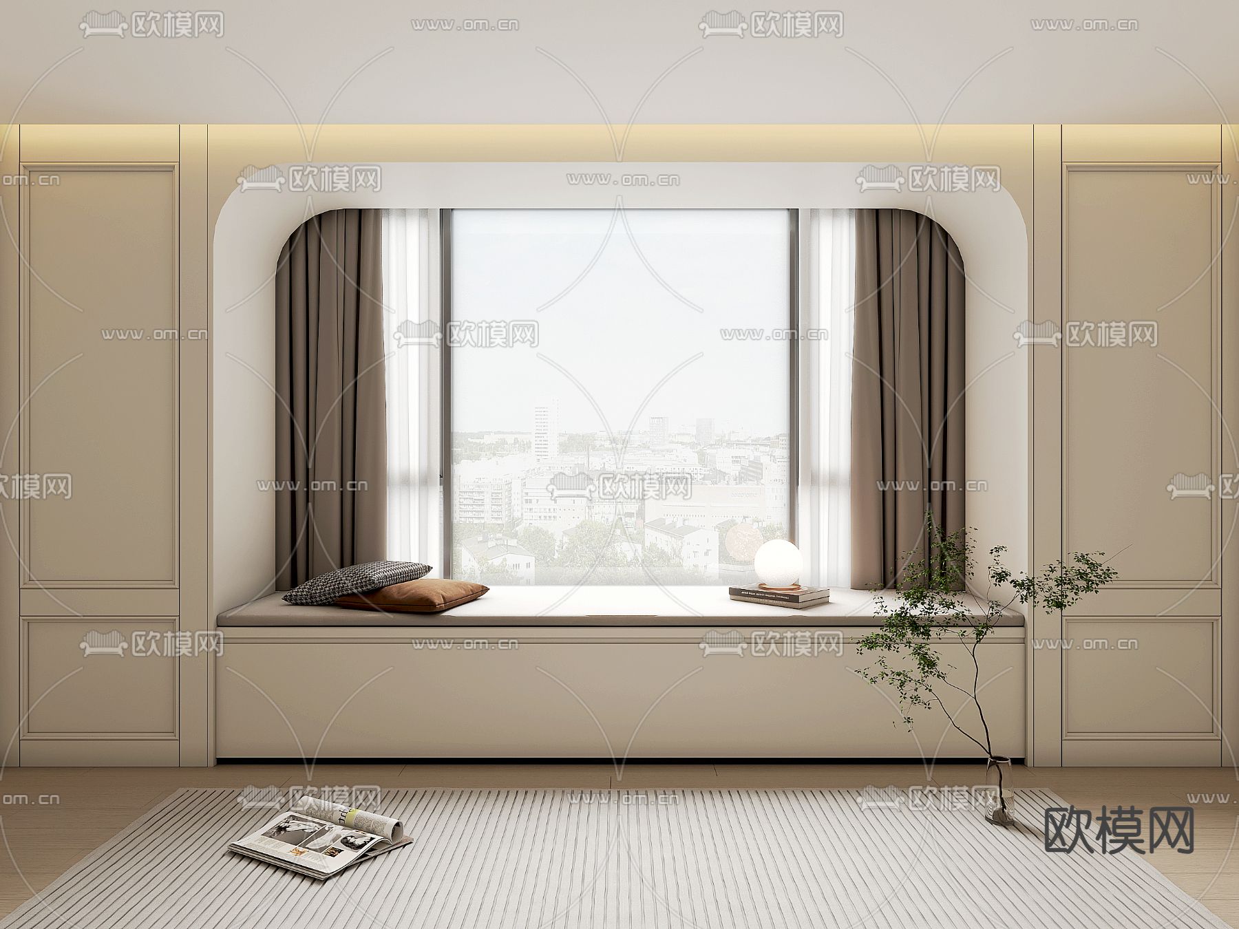 奶油风窗台 飘窗 坐垫 窗纱3d模型下载_ID15026401_3dmax免费模型-欧模网