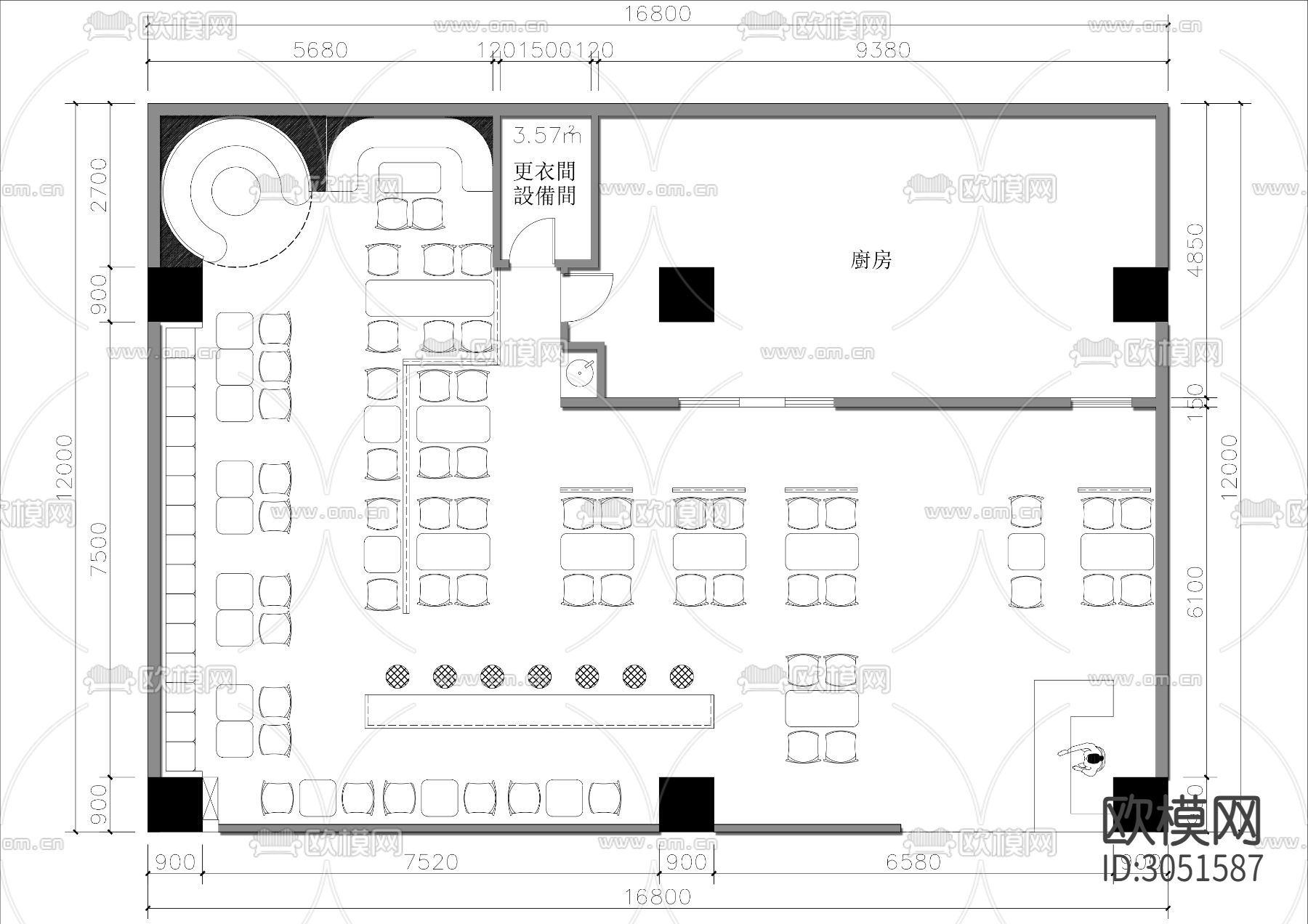 200㎡快餐店cad平面图-免费3dmax模型库-欧模网