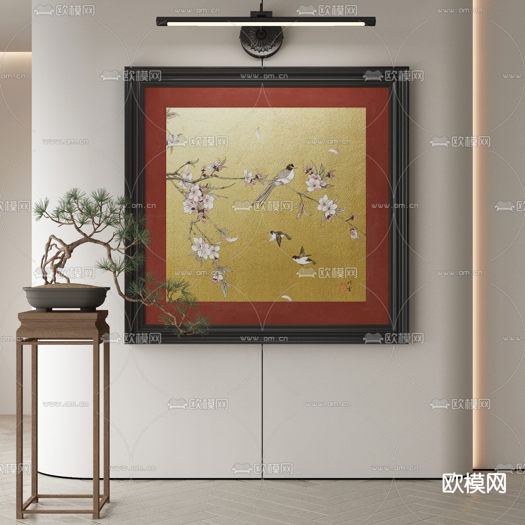 新中式花鸟画 装饰画 壁画灯3d模型下载_ID15102076_3dmax免费模型-欧模网