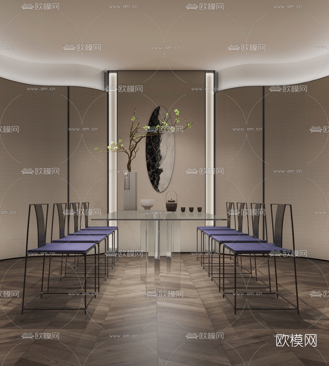 SCDA设计 新中式禅意玻璃餐桌椅3d模型-免费3dmax模型库-欧模网