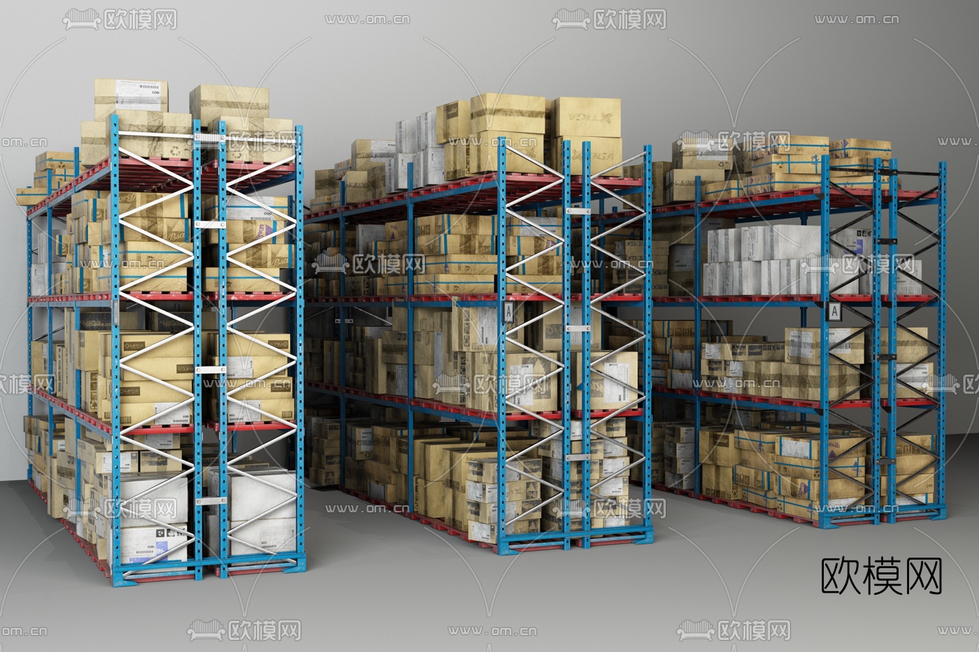 现代仓库货架置物架3d模型下载-3dmax模型免费下载-欧模网