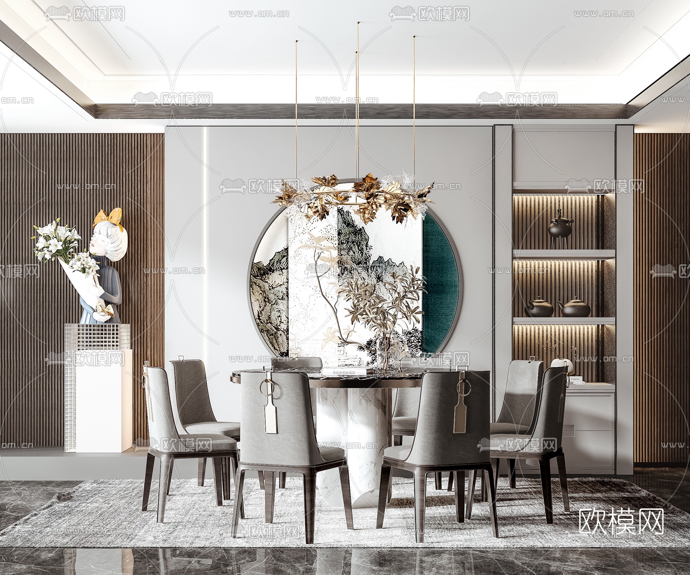 新中式轻奢餐厅3d模型下载_ID10036652_3dmax免费模型-欧模网