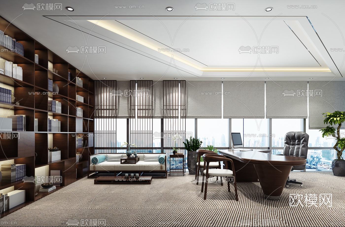 新中式总经理办公室书柜组合3D模型下载_ID10065334_3dmax免费模型-欧模网